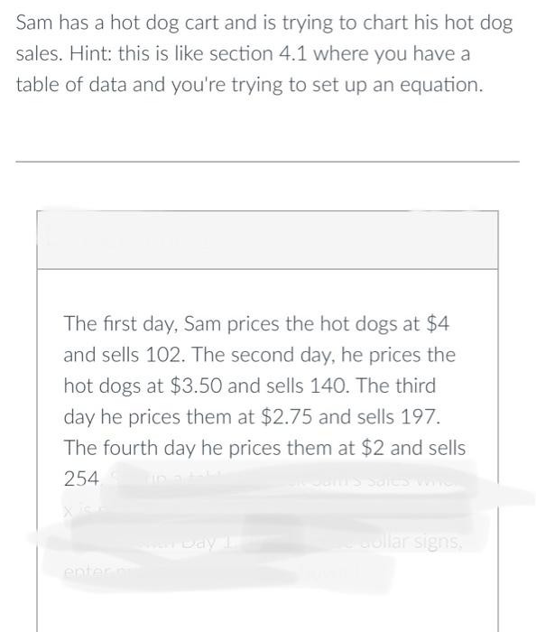 Solved Sam has a hot dog cart and is trying to chart his hot | Chegg.com