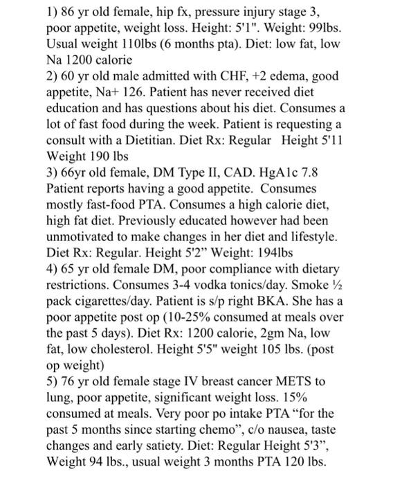 Solved Please provide nutritional PES statements for each | Chegg.com