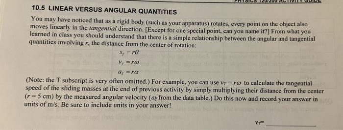 Solved 10.5 LINEAR VERSUS ANGULAR QUANTITIES You may have | Chegg.com