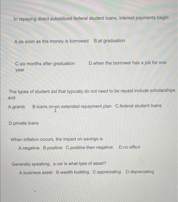 Solved In repaying direct subsidized federal student loans, | Chegg.com