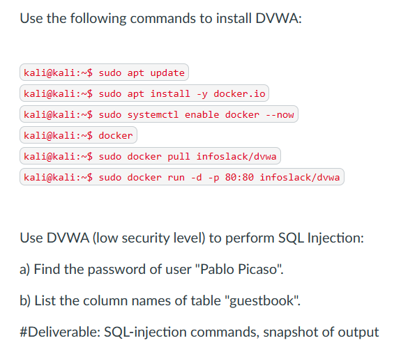 Solved Use the following commands to install DVWA:kali@kali: | Chegg.com