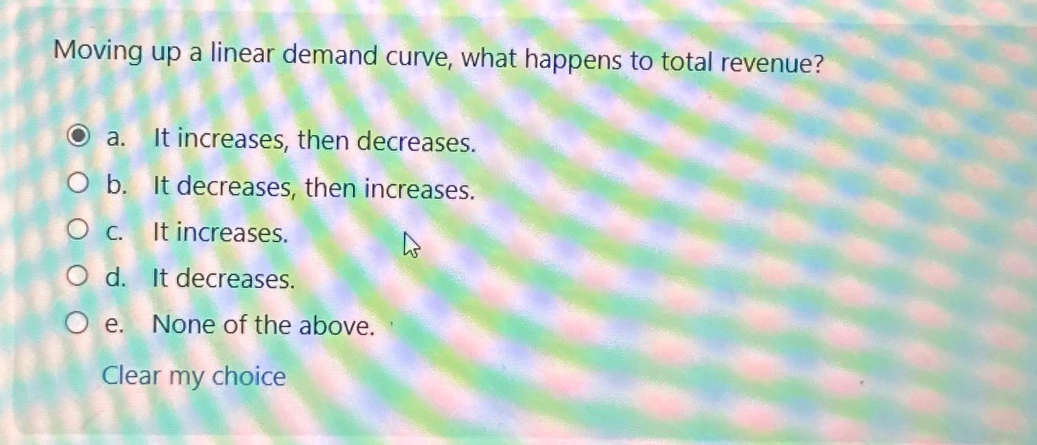 Solved Moving up a linear demand curve, what happens to | Chegg.com