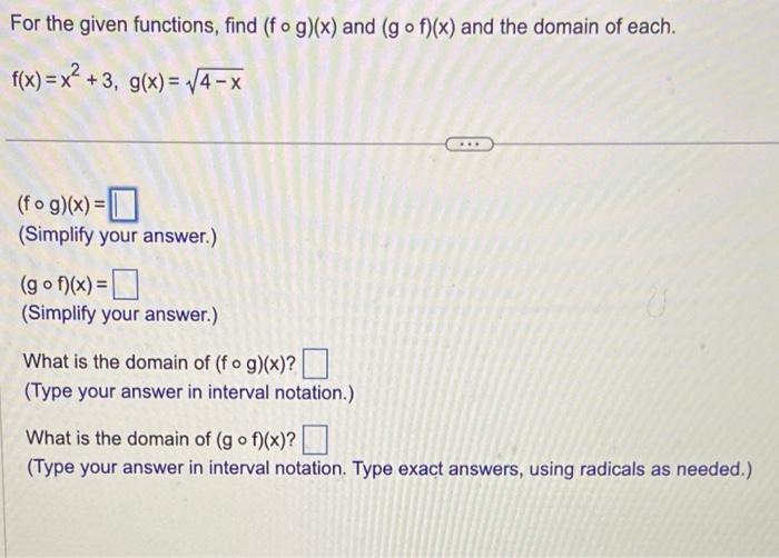 Solved For the given functions, find (f∘g)(x) and (g∘f)(x) | Chegg.com
