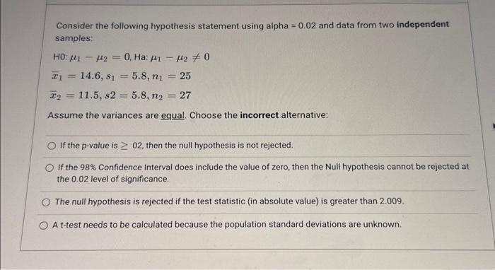 Solved Consider the following hypothesis statement using | Chegg.com