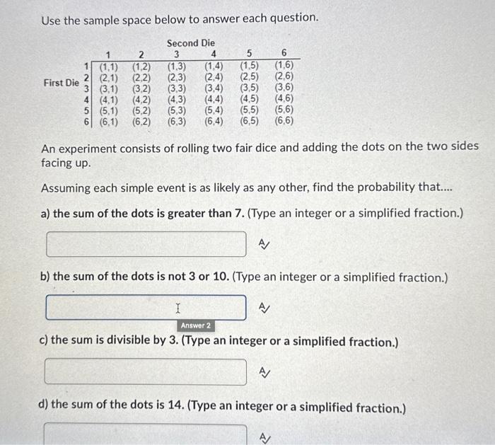 Solved Use the sample space below to answer each question. | Chegg.com