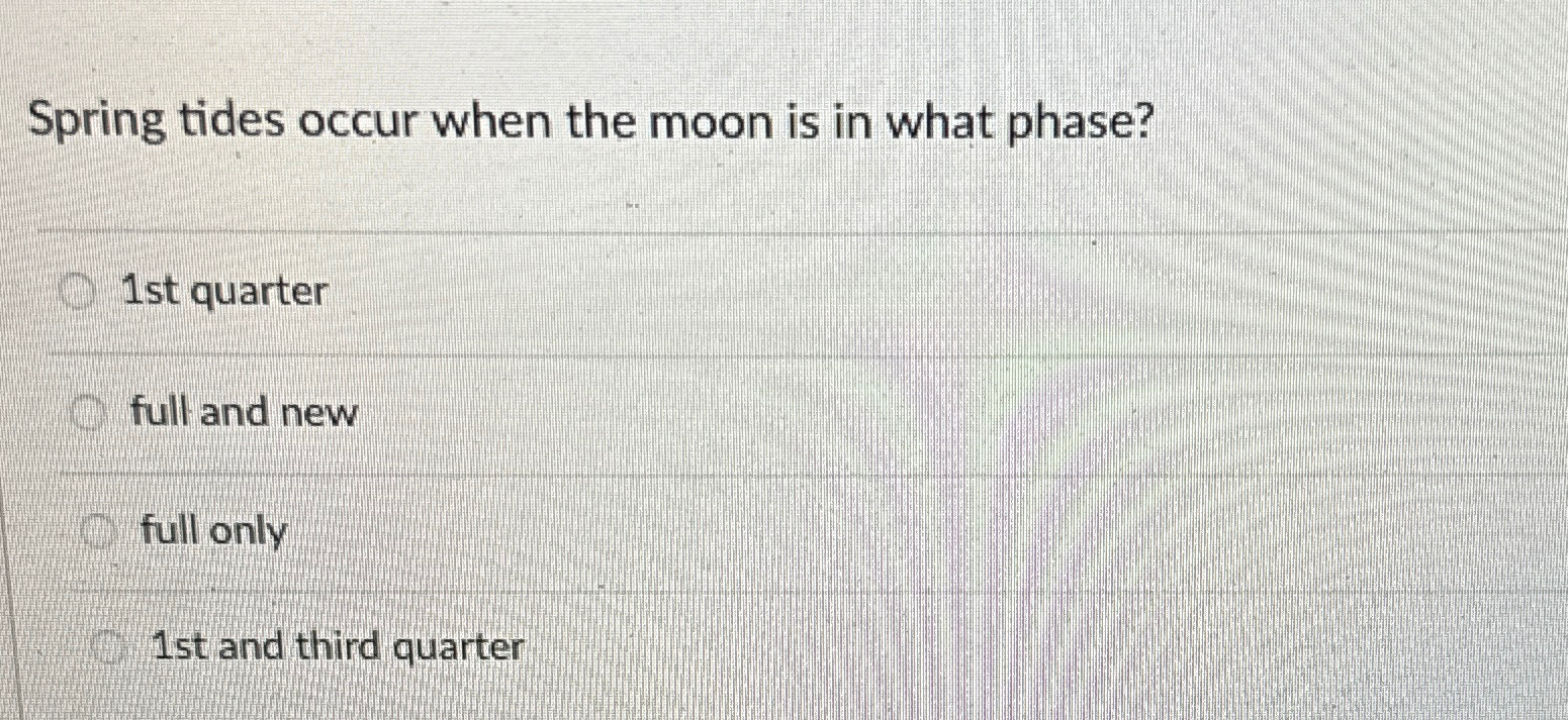 Solved Spring tides occur when the moon is in what phase?1st | Chegg.com