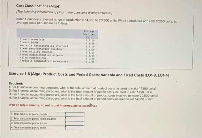 Solved Cost Classifications (Algo) (The following | Chegg.com