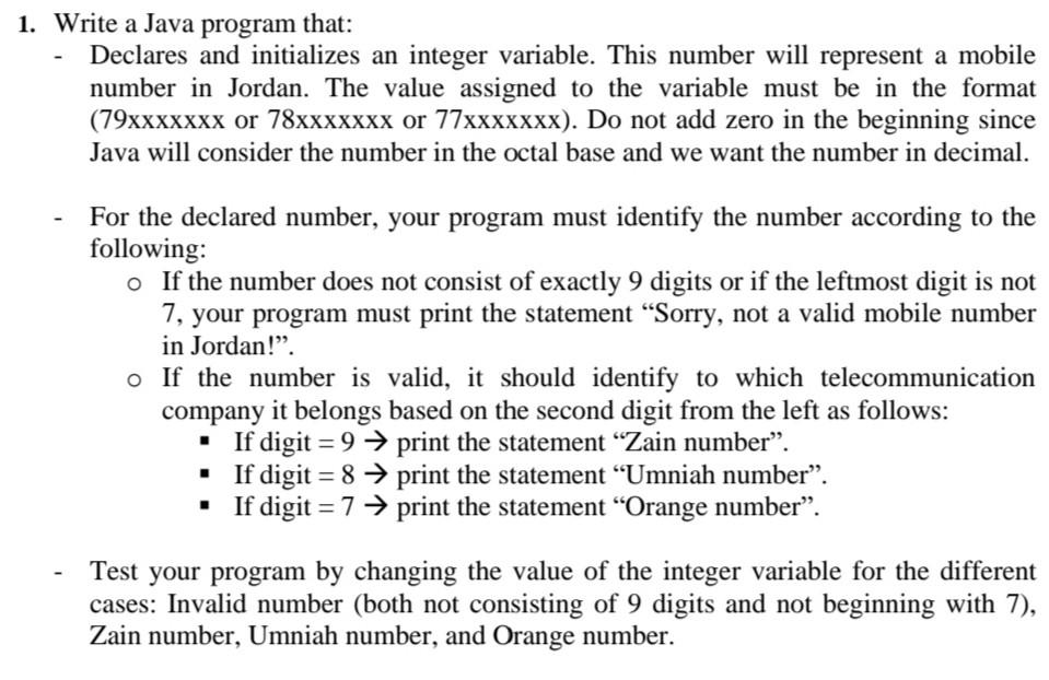 Solved 1. Write a Java program that: Declares and | Chegg.com