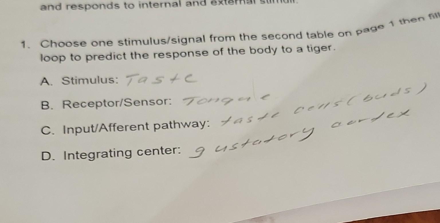 1. Choose one stimulus/signal from the second table | Chegg.com