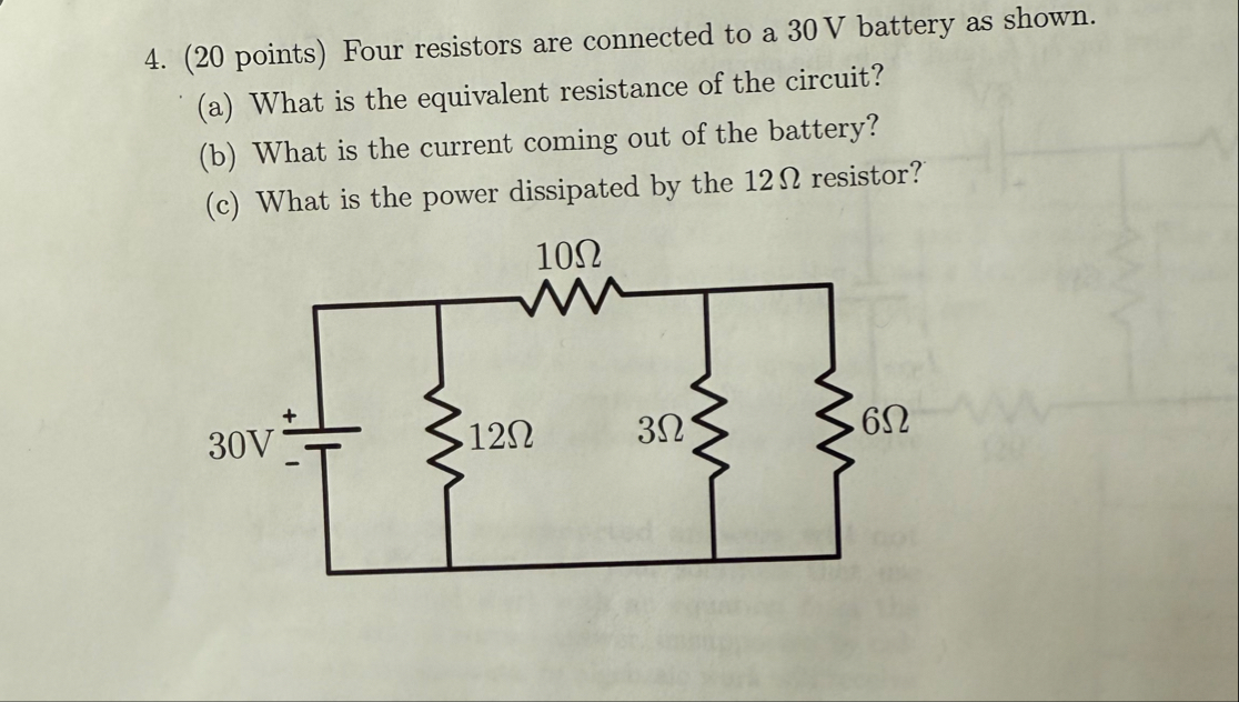 Solved (20 ﻿points) ﻿Four resistors are connected to a 30 ﻿V | Chegg.com