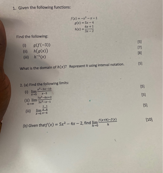 Solved 1. Given the following functions: f(x) = -x2-x-1 g(x) | Chegg.com