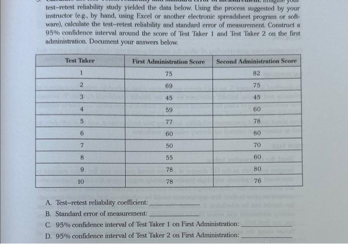 Solved test-retest reliability study yielded the data below. | Chegg.com
