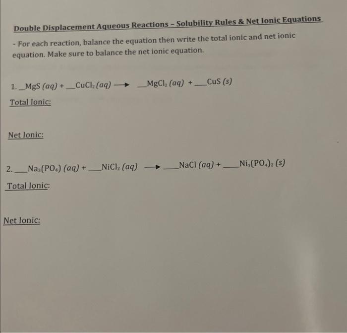 Solved Double Displacement Aqueous Reactions - Solubility | Chegg.com
