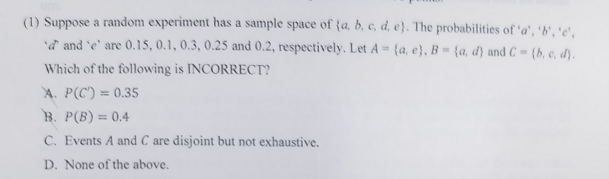 Solved (1) ﻿Suppose a random experiment has a sample space | Chegg.com