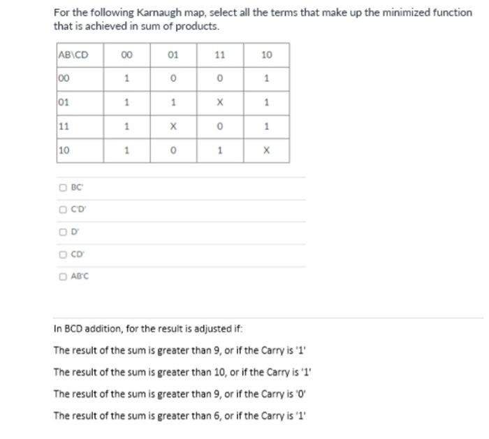 Solved For the following Karnaugh map, select all the terms | Chegg.com