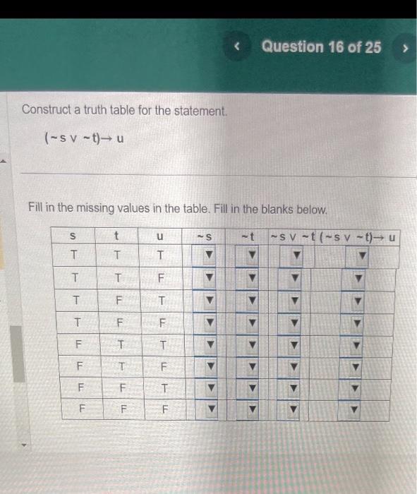 Solved Construct a truth table for the statement. (∼sv∼t)→u | Chegg.com