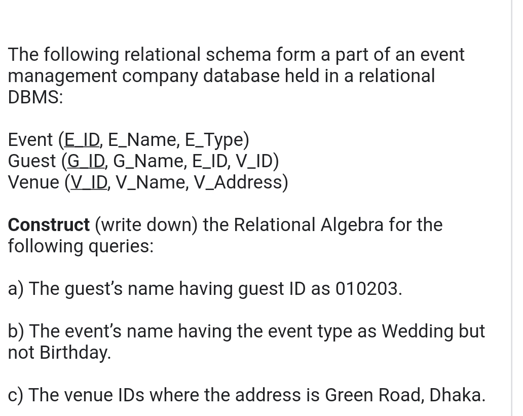 Solved The following relational schema form a part of a | Chegg.com