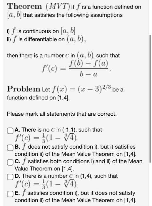 Solved Theorem (MVT) if f is a function defined on [a,b] | Chegg.com