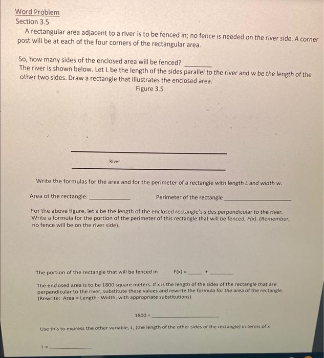 Solved Word Problem Section 3.5 A rectangular area adjacent | Chegg.com