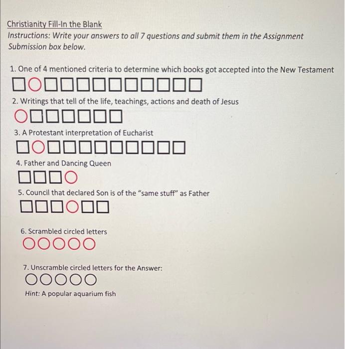 Solved Christianity Fill in the Blank Instructions: Write | Chegg.com
