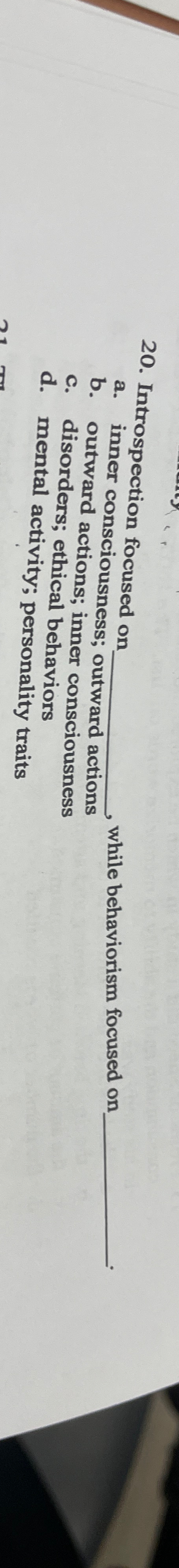 Solved Introspection focused ona. ﻿inner consciousness; | Chegg.com