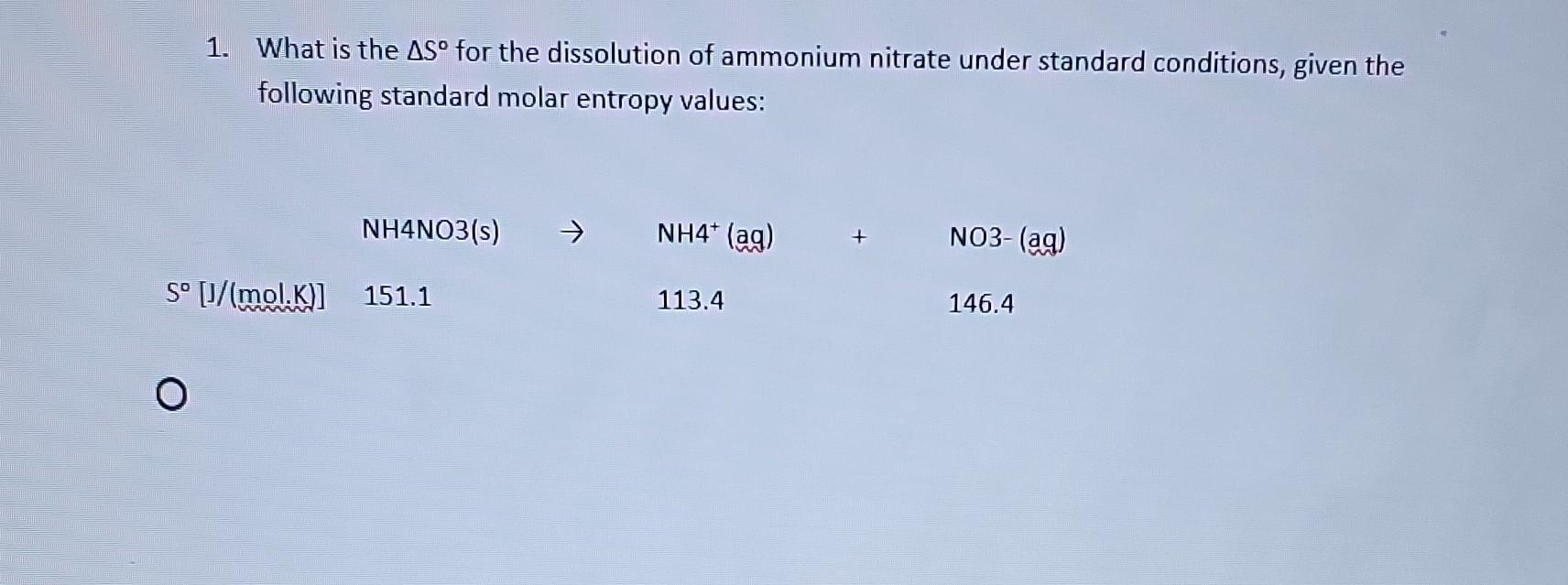 Solved 1. What is the ΔS∘ for the dissolution of ammonium | Chegg.com