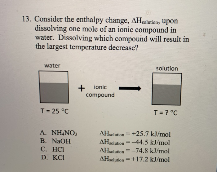 Solved 13. Consider the enthalpy change, AH solution, upon | Chegg.com
