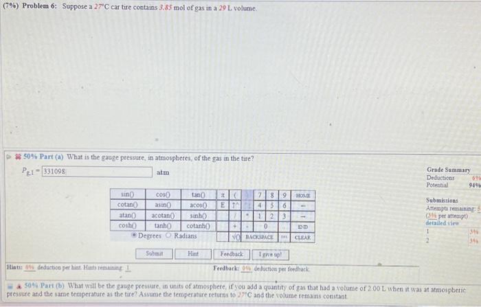 Solved (7\%) Problem 6: Suppose a 27∘C car tire contains | Chegg.com