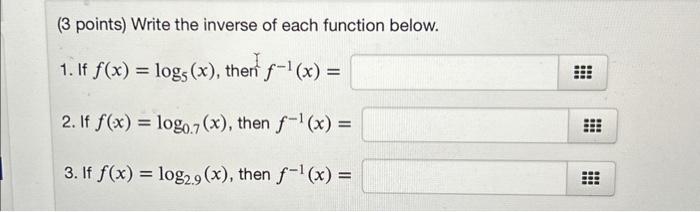 Solved (3 points) Write the inverse of each function below. | Chegg.com