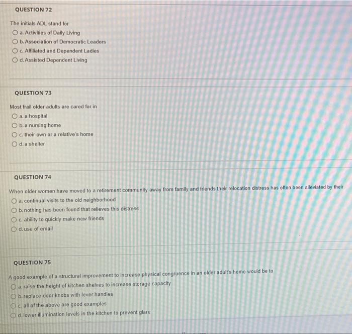 Solved QUESTION 72 The initials ADL stand for O a. | Chegg.com
