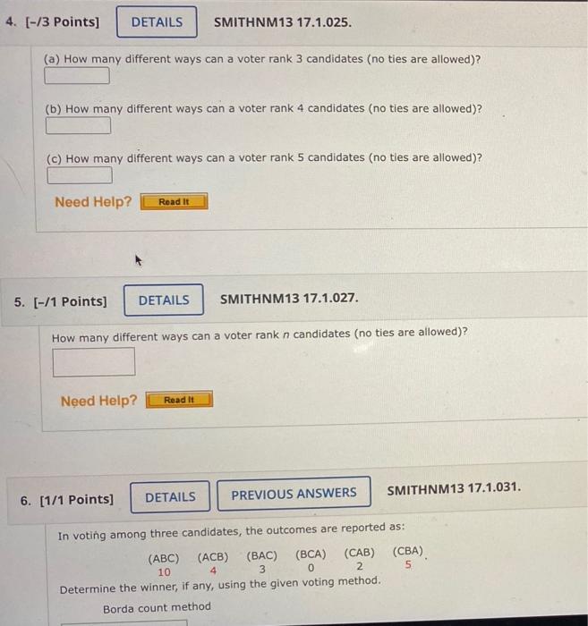 Solved In voting among three candidates, the outcomes are | Chegg.com