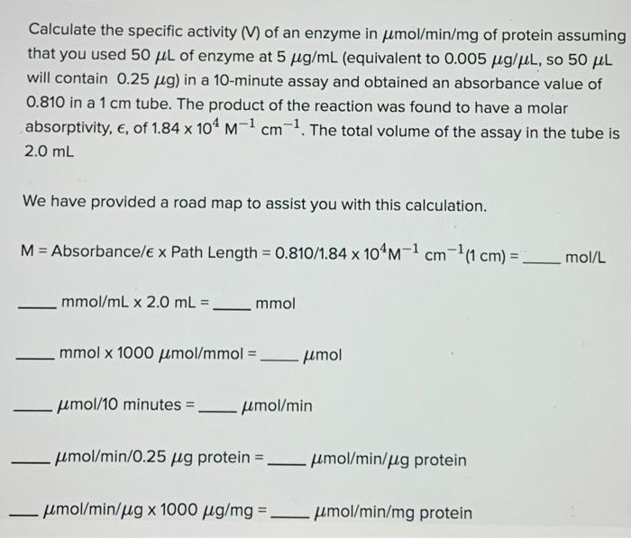 Solved Calculate the specific activity (V) of an enzyme in | Chegg.com