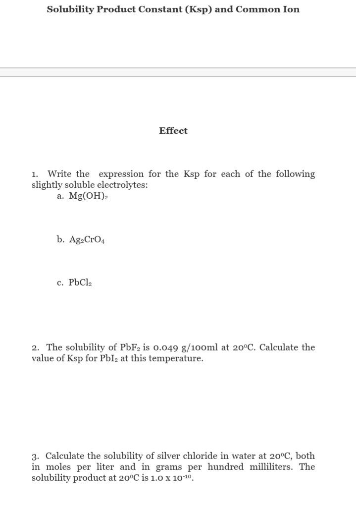 Solved Solubility Product Constant (Ksp) and Common Ion | Chegg.com