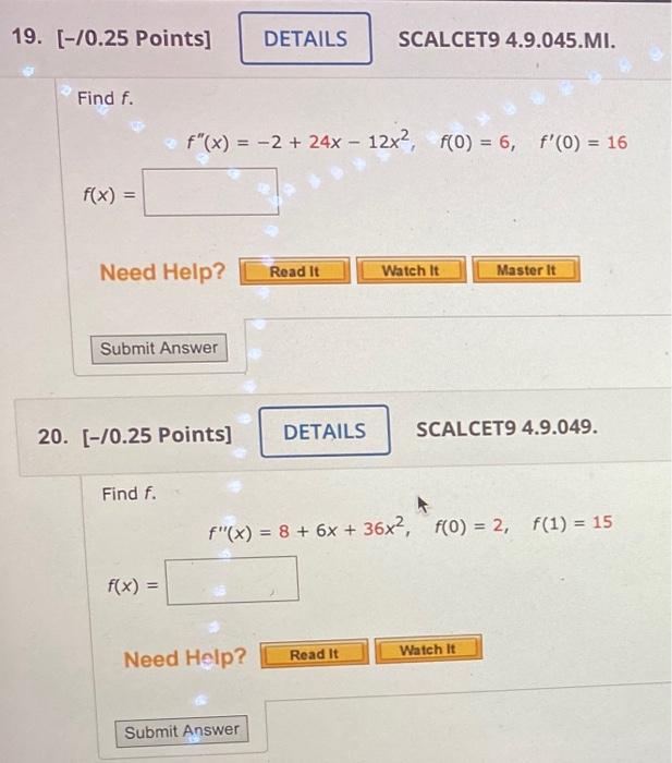 Solved SCALCET9 4.9.045.MI. Find \\( f \\). \\[ f^{\\prime | Chegg.com