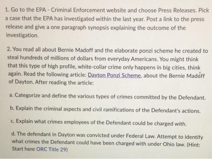 Solved 1. Go to the EPA - Criminal Enforcement website and | Chegg.com