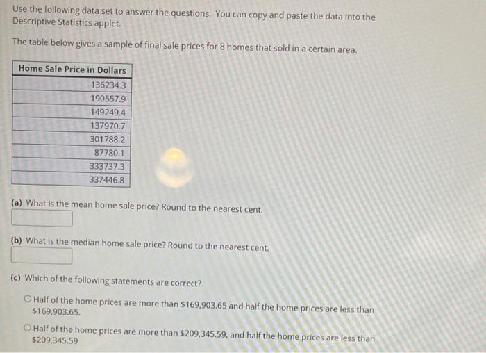 Solved Use the following data set to answer the questions. | Chegg.com