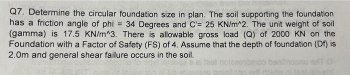 Solved Q7. Determine the circular foundation size in plan. | Chegg.com