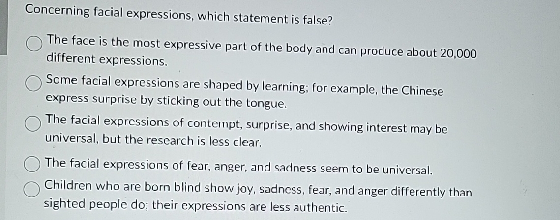 Solved Concerning facial expressions, which statement is | Chegg.com