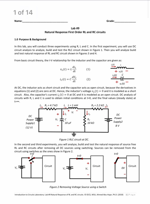 Solved 1 of 14 Name: Lab #9 Natural Response First Order RL | Chegg.com