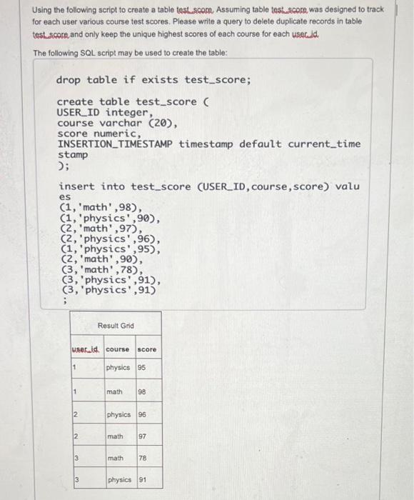 Solved Using the following script to create a table test | Chegg.com