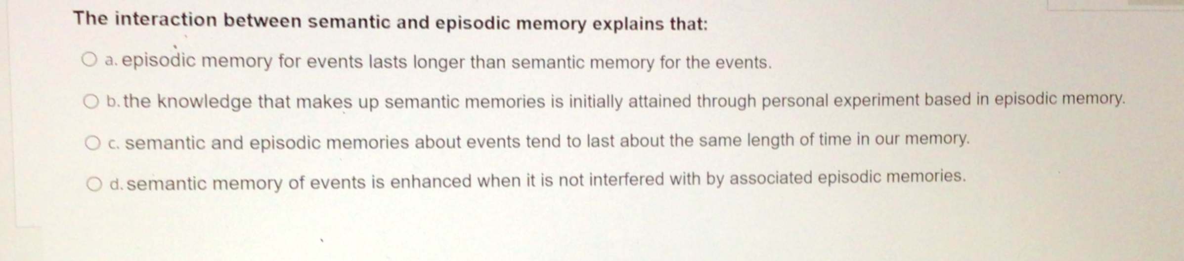 Solved The interaction between semantic and episodic memory | Chegg.com
