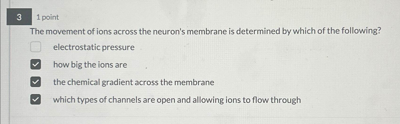 Solved 31 ﻿pointThe movement of ions across the neuron's | Chegg.com