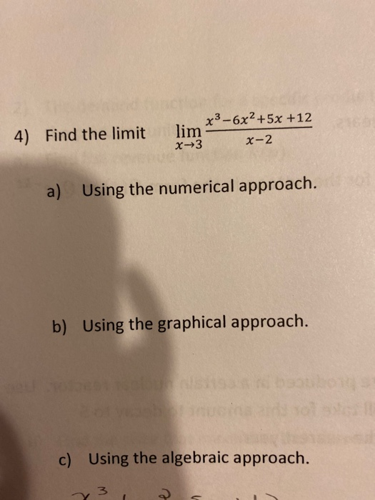 Solved 4) Find the limit lim x+3 x3 - 6x2 +5x +12 x-2 a) | Chegg.com