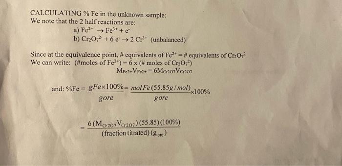 Solved CALCULATING% Fe in the unknown sample: We note that | Chegg.com