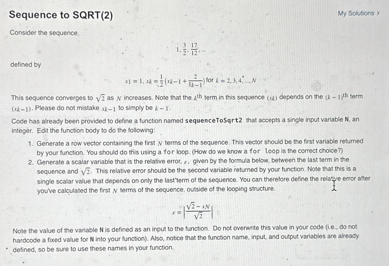 Solved Sequence to SQRT(2)My Solutions >Consider the | Chegg.com