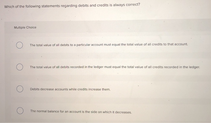 Solved Which of the following statements regarding debits | Chegg.com