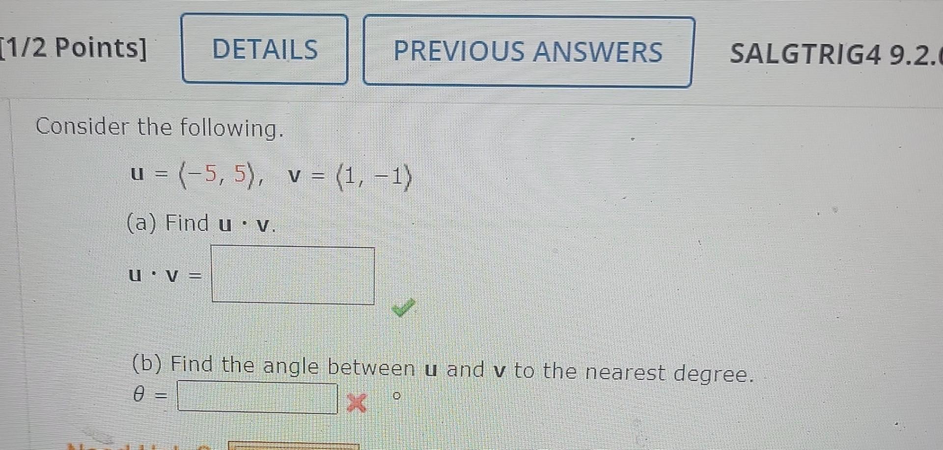 Solved Find the angle between U and V to the nearest degree | Chegg.com