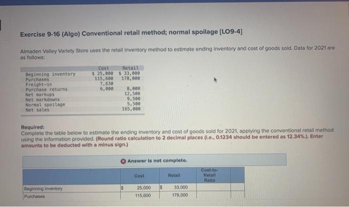 Solved Exercise 9-16 (Algo) Conventional retail method; | Chegg.com Solved Exercise 9-16 (Algo) Conventional retail method; | Chegg.com