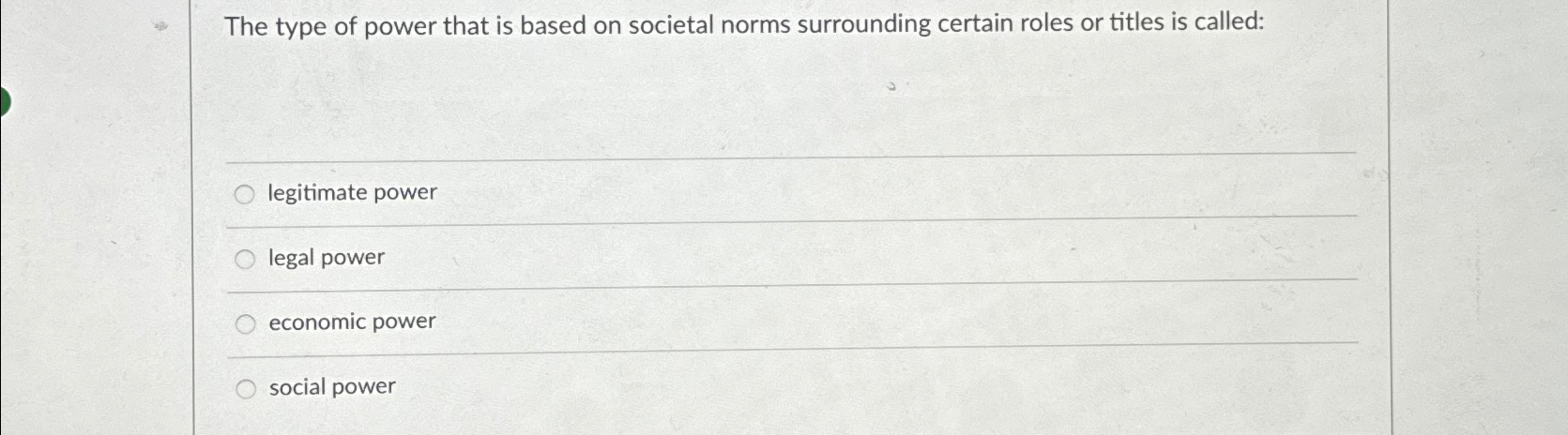Solved The type of power that is based on societal norms | Chegg.com
