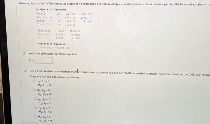 Solved Howing is a portion of the computer output for a | Chegg.com